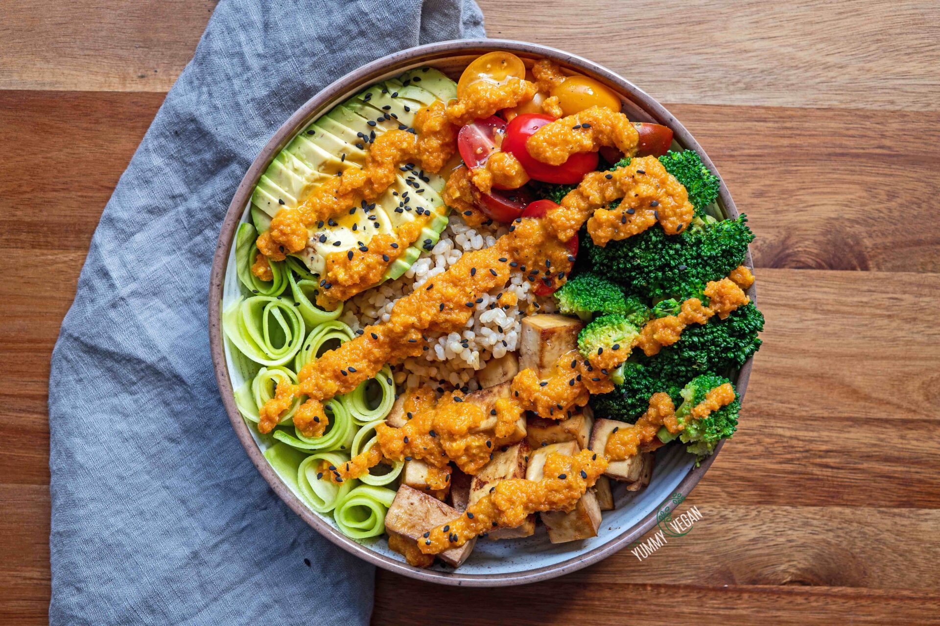 Garlicky Tofu Bowl with Carrot Ginger Dressing - Devorah Bowen